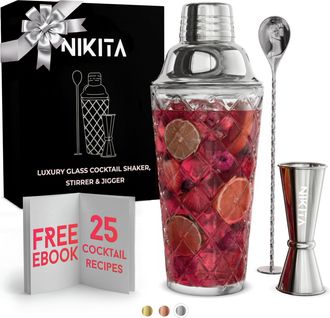 Nikita by Niki Silbernes Cocktail-Shaker-Glas-Set - Glas-Cocktail-Shaker-Set mit Sieb - 5 St&uuml;ck - 450 ml - passender Messbecher und Barl&ouml;ffel mit St&ouml;&szlig;el - Martini-Ge