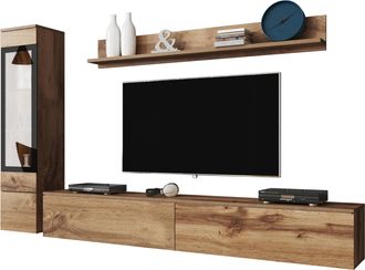 Mirjan24 Wohnwand Doppo I, Schrankwand, griffloses Öffnen, Fernsehschrank, Anbauwand, Mediawand, Wandregal, TV-Lowboard, Hängevitrine (Wotan/Wotan, ohne LED Be