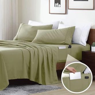Swift Home Smart Sheets, 3-teiliges Bettlaken-Set, ultraweich geb&uuml;rstete Mikrofaser, Spannbetttuch mit seitlichen Aufbewahrungstaschen, Salbei, Twin XL