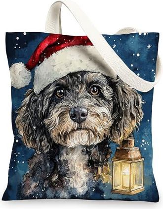 Generic Sac fourre-tout en toile motif chien portugais de No&euml;l pour faire du shopping, 33 x 38,1 cm, sac &agrave; bandouli&egrave;re r&eacute;utilisable pour femme, peinture danim