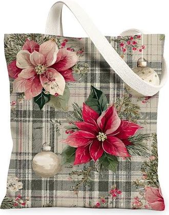 Generic Sacs fourre-tout r&eacute;utilisables en toile &agrave; motif floral de No&euml;l, sacs d&eacute;picerie vintage, l&eacute;gers et lavables pour voyage, pique-nique, 33 x 38 cm