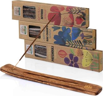 NKlaus Räucherstäbchen Set - Patchouli, Myrrh & Nag Champa (Namaste India) + Holzhalter | 3er Räucherwerk Natur Masala für Meditation & Duft