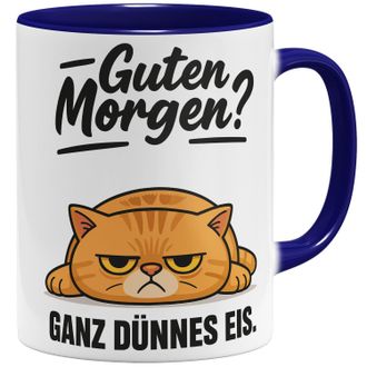 OM3 Lustige Katze Kaffee-Tasse mit Spruch - Guten Morgen Ganz d&uuml;nnes Eis - Morgenmuffel - Keramik Becher - 325ml - Beidseitig Bedruckt - Dunkelblau