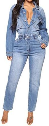 Onsoyours Combinaison Femme Salopette en Jeans Denim Boyfriend Slim Jumpsuit Pantalon dété Rétro Casual Grand Taille pour Printemps Automne avec Poches C BleuCl