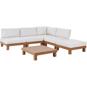 Beliani Lounge Set Hellbraun Aluminium 6-teilig f&uuml;r 5 Personen mit Kissen Modul 4er Sofa Ottomane und Couchtisch Outdoor Terrasse Garten Ausstattung