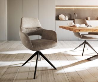 DELIFE Esszimmerstuhl Yago-Flex mit Armlehnen Mikrofaser Taupe Vintage Kreuzgestell breit Schwarz Taschenfederkern, Esszimmerst&uuml;hle