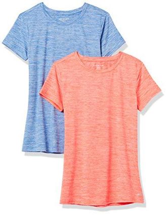 Amazon Essentials T-shirt Stretch et Quick Dry, Col Rond et Manches Courtes (Disponible en Grande Taille) Femme, Lot de 2, Bleu Clair Teinture Spatiale/Orange Corail Te