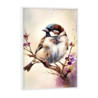 artboxONE Poster mit weißem Rahmen 18x13 cm Floral Haussperling Aquarell - Bild Kunst Farbe haussperling