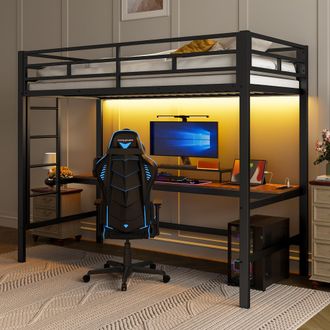 Merax Hochbett mit Schreibtisch 90x200 cm, Kinderbett Stockbett mit intelligentem Ambientelicht, Steckdose, USB- und Typ-C-Anschl&uuml;ssen, Bettgestell aus Meta