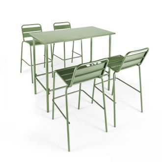Oviala Oviala - Ensemble table haute et 4 chaises de bar en m&eacute;tal vert cactus - Palavas