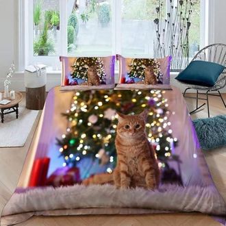 Generic Housse de Couette 140x200 Chat Parure de Lit 1 Personne No&euml;l Imprim&eacute;e 3D Microfibre Douce Animaux Housse Couette R&eacute;versible avec 1 Taie doreiller m563