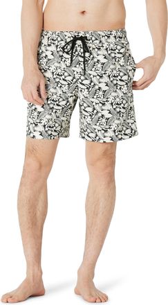 Amazon Essentials Herren 18cm Badehose mit Netzfutter, Taschen und Kordelzugverschluss, Schwarz Elfenbein Tropische Blätter, XXL