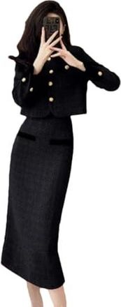 Generic Ensemble de 2 pièces en tweed pour femme avec veste courte et jupe taille haute, Noir, L