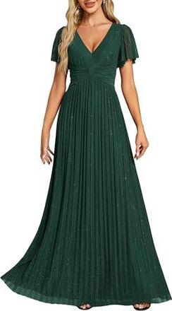 Ever-pretty Robe de Soirée Femme Longue Manches Volantées Brillant Plissé Col V Taille Empire Chic Vert Foncé 40