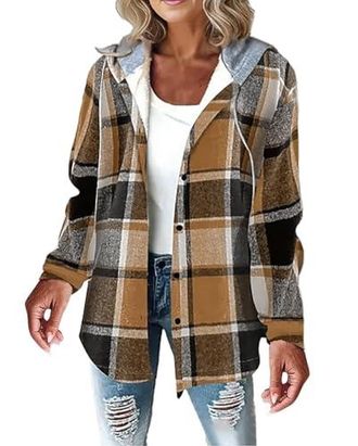 Minetom Veste a Carreaux Femme Chaud Doublure Polaire Sweat &agrave; Capuche Manches Longues Hoodie avec Boutons Automne Hiver Manteau A Marron XL