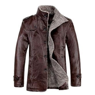 Generic Veste bomber en cuir pour homme avec doublure en polaire &eacute;paisse et chaude - Veste en cuir synth&eacute;tique - Style d&eacute;contract&eacute; - Uni - Coupe ajust&eacute;e - Col