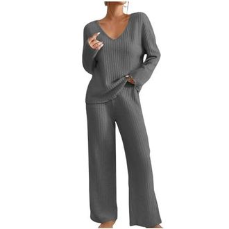 Generic Ensemble de pyjama côtelé pour femme - Col en V doux - Pull et pantalon à jambes larges - 2 pièces - Couleur unie - Confortable et chaud, gris foncé, 