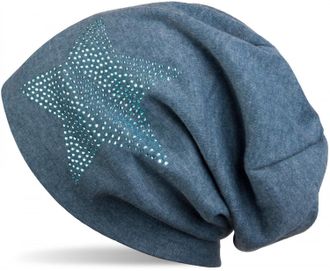 styleBREAKER Klassische Unisex Beanie Mütze mit Stern Strass Applikation, warm 04024023, Farbe:Blau meliert/Hellblau