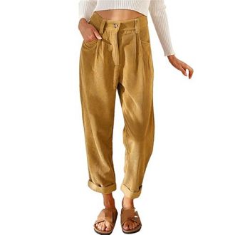 Generic Pantalon d&eacute;contract&eacute; en velours c&ocirc;tel&eacute; taille haute avec poches pour femme, kaki, XXL
