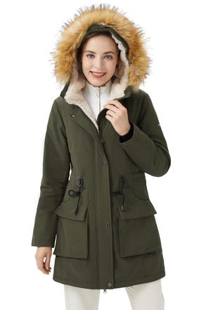 Orolay Damen-Parka mit Dickem Fleece-Futter Wintermantel Kapuzenjacke und Abnehmbarem Pelzkragen Olivgr&uuml;n XXL
