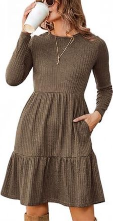 Zeagoo Robe dautomne pour Femme Robes élégantes à Manches Longues et col Rond avec Poches Robe dhiver mi-Longue A-Line en Tricot Brun XXL