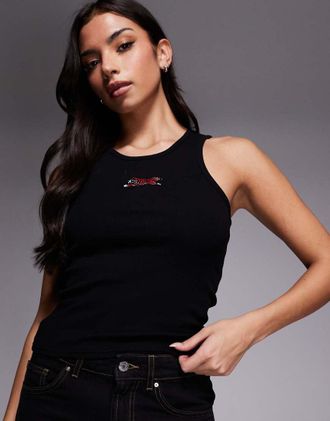 Icecream Geripptes Tr&auml;gertop in Schwarz mit Perlen- und Running-Dog-Logo