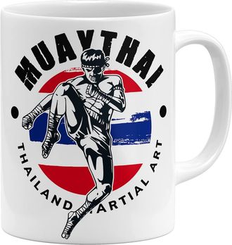 OM3 Muay-Thai Fighter Tasse Tailand Martial Arts Fight Boxing Club - Keramik Becher - 11oz 325ml - Beidseitig Bedruckt - Weiss