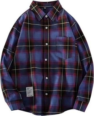 Generic Chemise &agrave; carreaux pour homme, chemise pour homme adulte, chemise boutonn&eacute;e &agrave; manches longues pour homme, haut &agrave; col rabattu pour homme avec col rond 