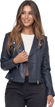 Tazzio Lederjacke Damen Echtleder Jacke im Biker Look mit coolen Zipper-Details & Reverskragen F507 (M, Navy)
