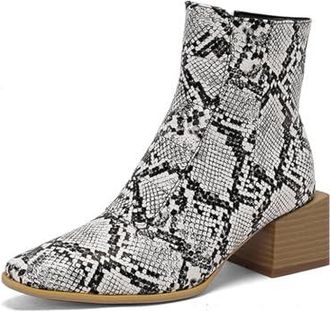 Generic Femmes Talons Épais Moyen Bottes Courtes Bout Pointu Chaussures De Robe avec Fermeture Éclair Cuir PU Chelsea Bottines,Snake Print,38.5 EU