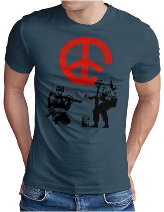 OM3 Banksy War Peace T-Shirt - Herren - Urban Street Art Graffiti - Denim, 4XL