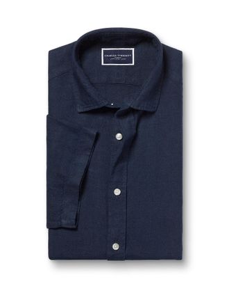 CHARLES TYRWHITT Kurzärmeliges Reines Leinenhemd - Marineblau Knopfmanschette