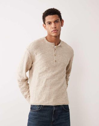 Abercrombie & Fitch Top &agrave; manches longues et col tunisien boutonn&eacute; - Gr&egrave;ge-Blanc