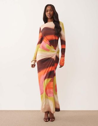 Daska Exclusivit&eacute; - Daska - Robe longue &agrave; imprim&eacute; abstrait avec manches longues et col montant effet torsad&eacute; - Multicolore