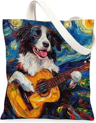 Generic Sac fourre-tout en toile motif Border Collie pour le shopping 33 x 38 cm, motif guitare &eacute;toil&eacute;e, sac d&eacute;picerie r&eacute;utilisable pour femme, animal de comp