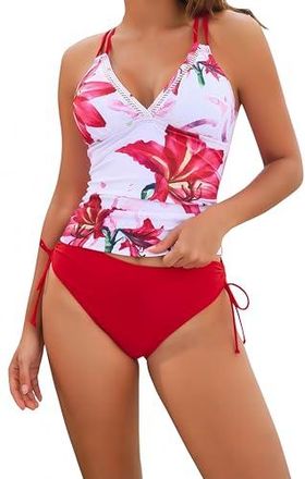 Ocean Plus Tankini &agrave; imprim&eacute; floral pour femme - Haut tankini &agrave; col en V avec bretelles crois&eacute;es r&eacute;glables dans le dos - Bas de bikini &agrave; coupe haute &agrave; nouer sur 