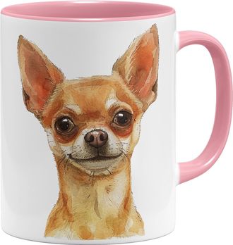 OM3 s&uuml;&szlig;e Chihuahua Kaffee-Tasse im Aquarell-Stil - Hundemotiv Hundefreunde - Keramik Becher - 325ml - Beidseitig Bedruckt - Rosa