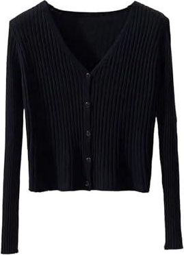 Generic Cardigan &eacute;l&eacute;gant &agrave; col en V c&ocirc;tel&eacute; &agrave; manches longues pour femme - Cardigan taille haute - Manteau d&eacute;contract&eacute;, Noir-13506, Taille Unique