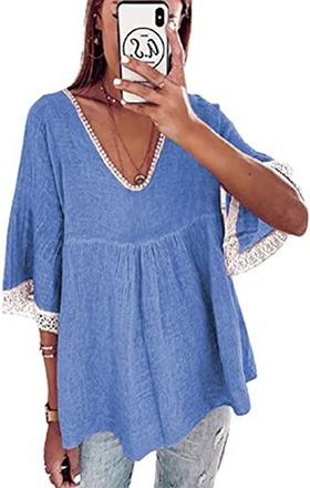 ORANDESIGNE Tunique Femme Lin Grande Taille Été Tshirt Ample Shirt Col V Tee Shirt Couleur Unie Boheme Élégant Chemise Dentelle Gland Blouse Demi Manche Hauts A B