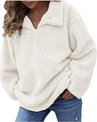 Generic 2026 Vestes pour femmes, pull-over molletonn&eacute;, sweat-shirt &agrave; manches longues, style d&eacute;contract&eacute; &agrave; revers, blanc, XL