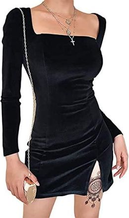 Onsoyours Robes Femme Hiver Courte Velours Moulante Robe Col en V Manches Longues Robe De Soiree Fête Cocktail Noël Nouvel an B Noir L