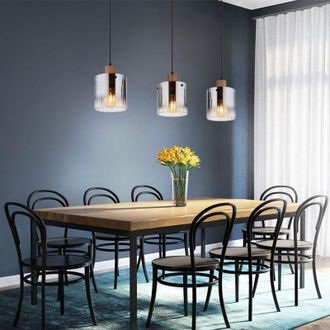 Globo Lighting Suspension lampe suspendue plafonnier &agrave; 3 lampes aspect bois verre couleur fum&eacute;e