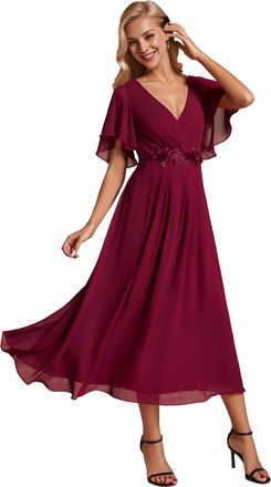 Ever-pretty Abendkleider Damen Elegant für Hochzeit Knöchellang Hochzeitsgäste Kleid Cocktailkleid Festliche Kleider Burgund 38