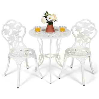 Costway Salon de Jardin 3Pcs en Fonte Aluminium, Ensemble 2 Chaises et 1 Table Ronde Style Antique avec Motif Rose Chaise Charge 150 kg, pour Balcon Terasse