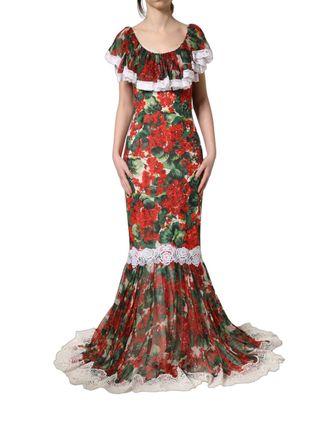 Dolce & Gabbana Womens Multicolor Geranium Flower Lace Maxi Dress