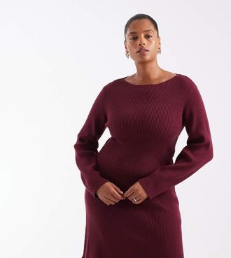 Vero Moda Curve robe courte en maille &agrave; manches longues et col bateau bordeaux-Rouge