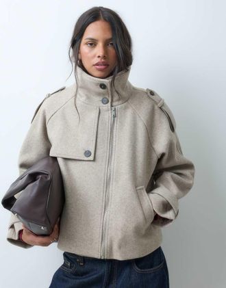 Asos manteau habill&eacute; court &agrave; col chemin&eacute;e style cape en oatmeal-Neutre