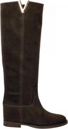 Via Roma 15 Braune Lederschuhe mit Keilabsatz und V-f&ouml;rmigem Detail - - Shoes - Damen - Braun - 42 EU