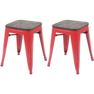 Hhg 2er-Set Hocker HHG-397 inkl. Holz-Sitzfl&auml;che, Metallhocker Sitzhocker, Metall Industriedesign stapelbar rot