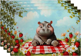 Generic Niedliche Nilpferd-Tischsets, bunte Sommer-Garten-Tischsets zum Essen, rutschfest, waschbar, f&uuml;r drinnen und drau&szlig;en, Party, dekorative Platzsets, 4 S